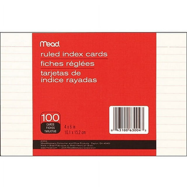 Mead Ruled Index Cards, White, 4" x 6", 100 Count (63004) - Walmart.com