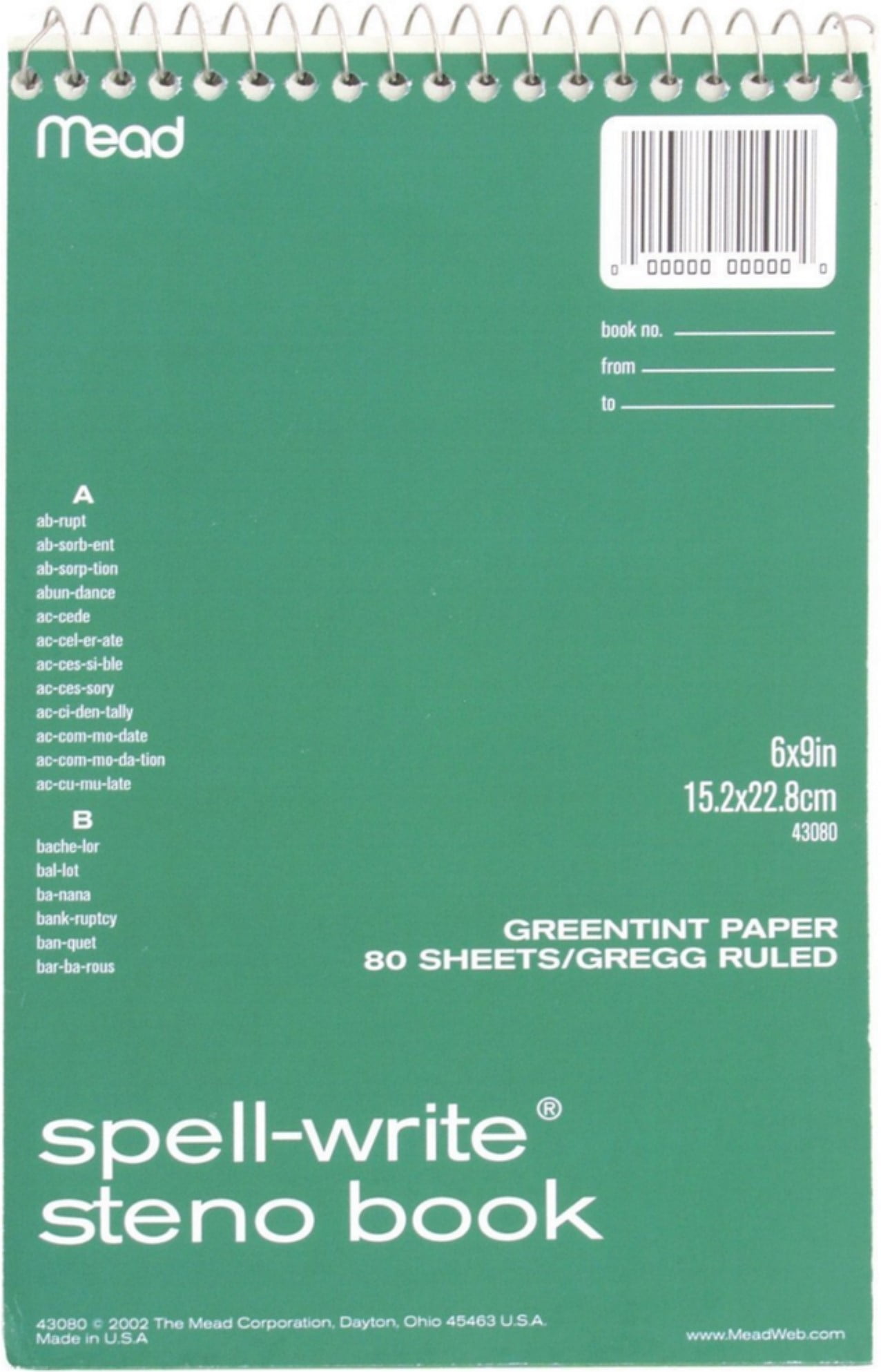 Mead Spell-Write Steno Book, 6 Inches X 9 Inches, Green Tint Paper 1 Ea ...