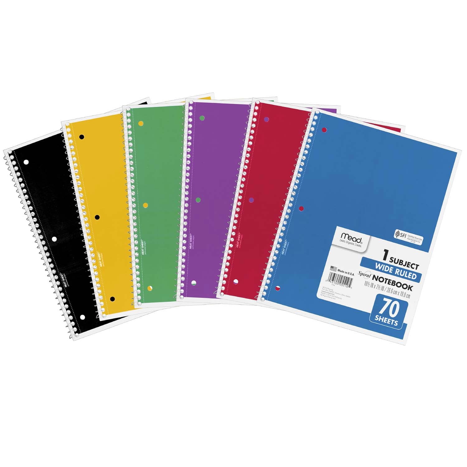 Mead Spiral 1 Subject Notebook, Wide Ruled, 70 Sheets Per Book, Pack of ...