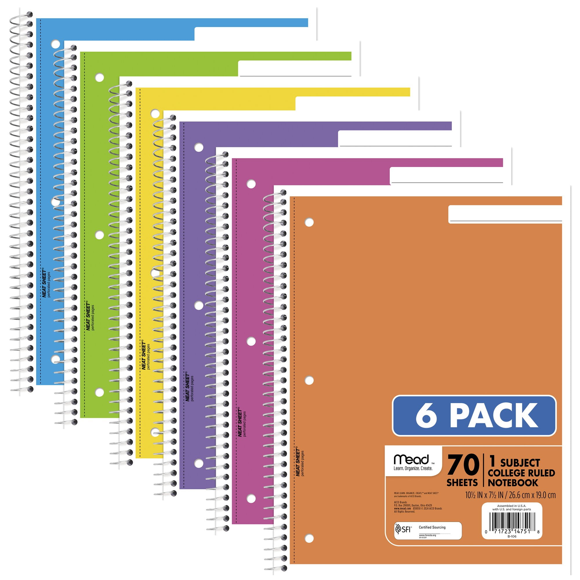 Bulk Mead Spiral Notebook, 1 Subject College Ruled, 6 Pack, 8x10-1/2 ...