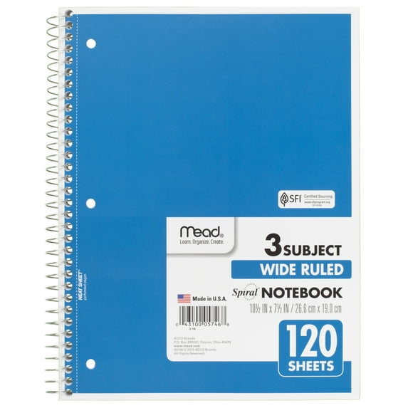 Mead Spiral Notebook 3 Subject WR, Blue - Walmart.com