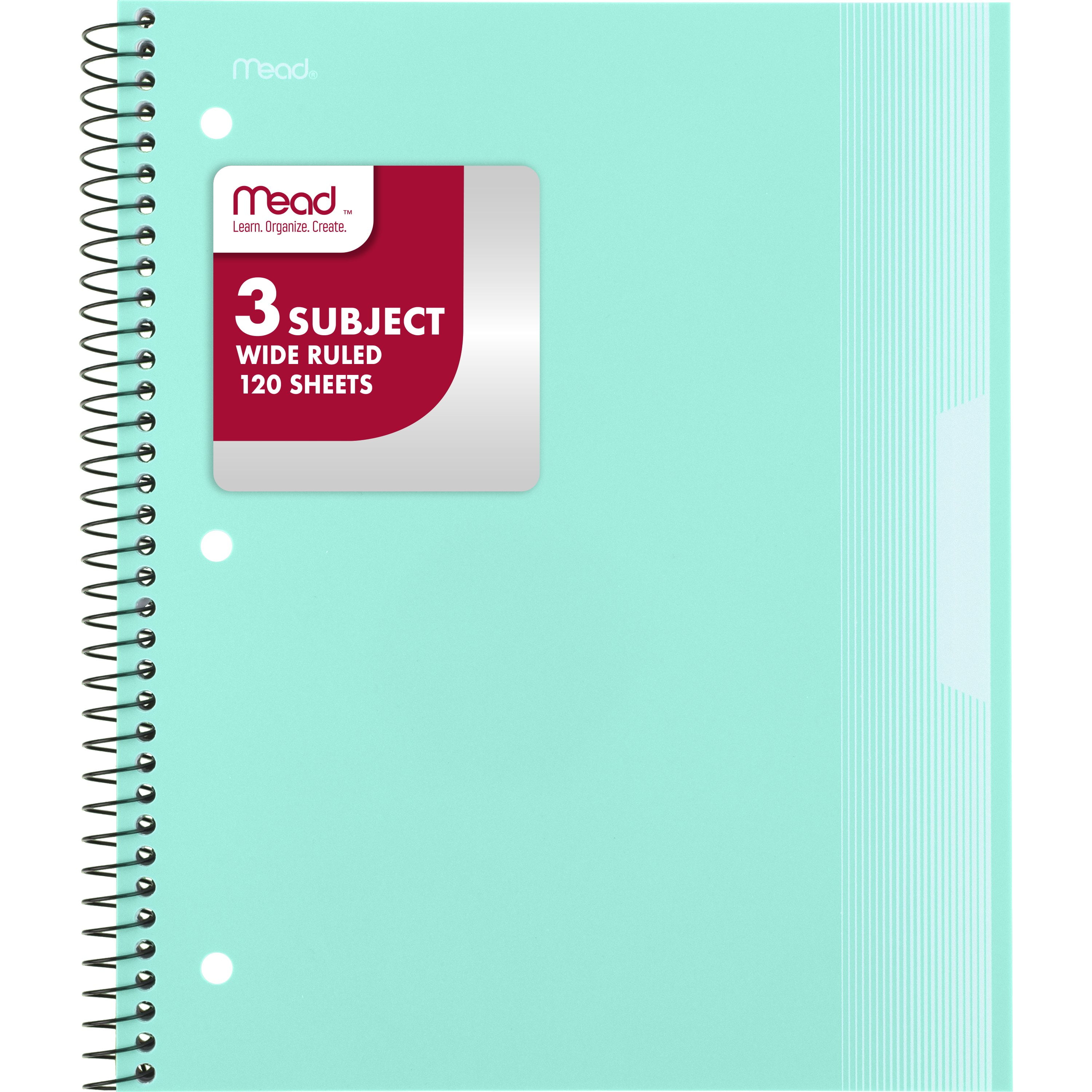 Mead 3 Subject Wide Ruled Notebook, 8" x 10.5", Pastel Green, Poly ...