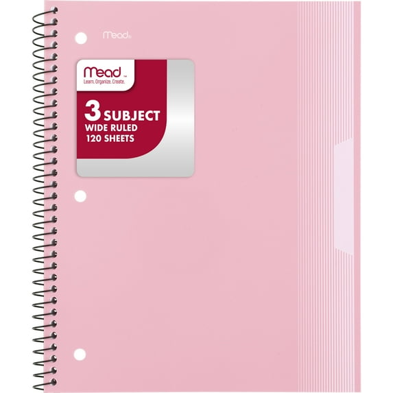 Mead 3 Subject Wide Ruled Notebook, 8" x 10.5", Pastel Pink, Poly ...