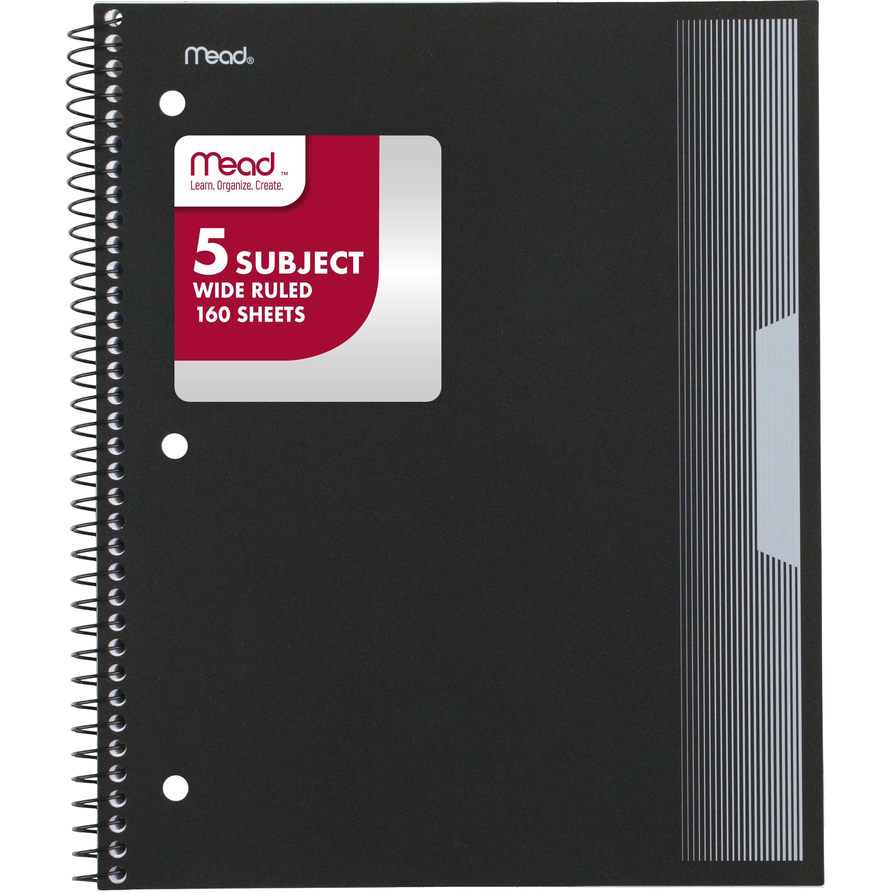 Mead 5 Subject Wide Ruled Notebook, 8" x 10.5", Black, Poly, Spiral ...