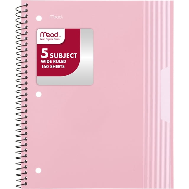 Mead 5 Subject Wide Ruled Notebook, 8" x 10.5", Pastel Pink, Poly ...