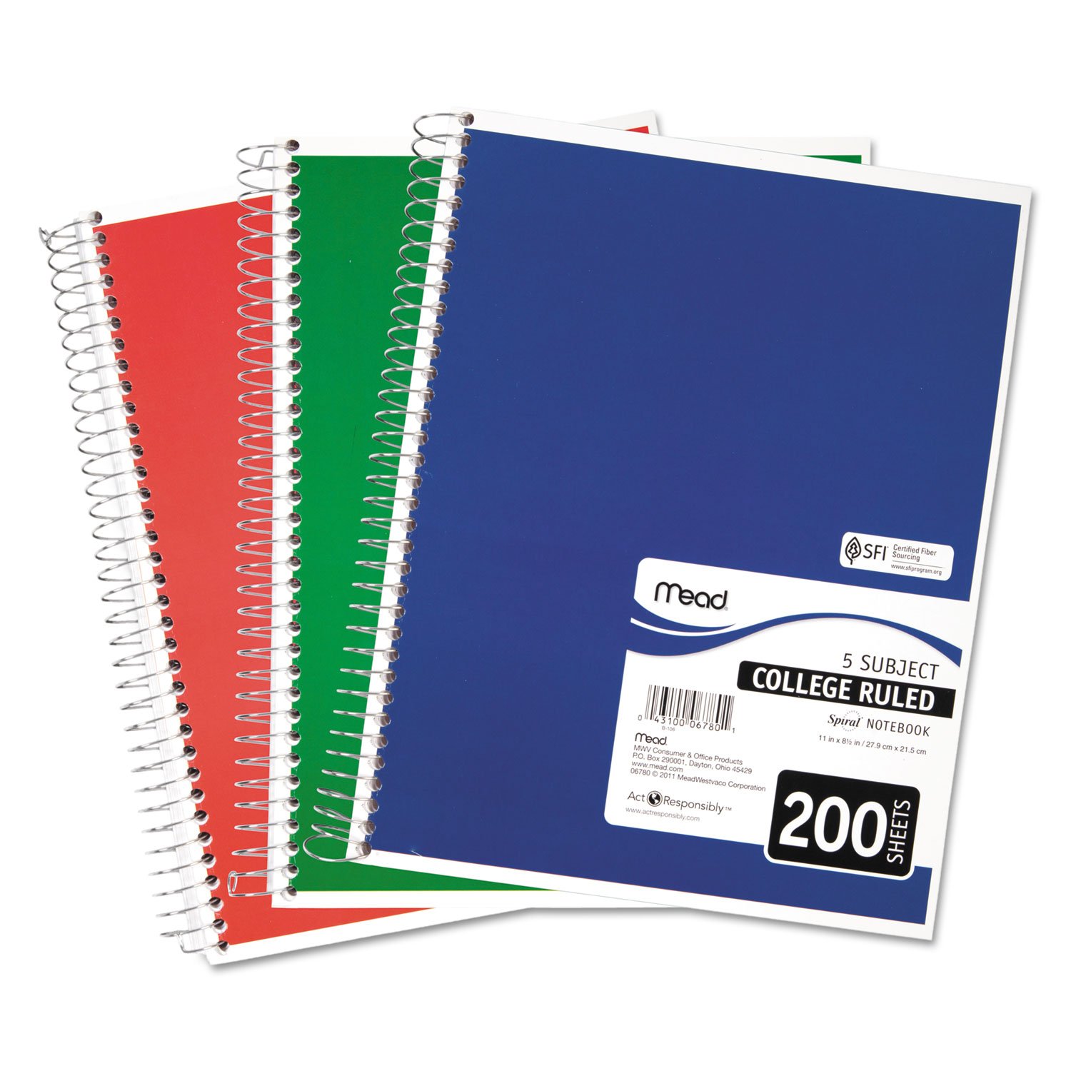 Mead Spiral Notebook, College Ruled Paper, 11" x 8", 200 Sheets ...