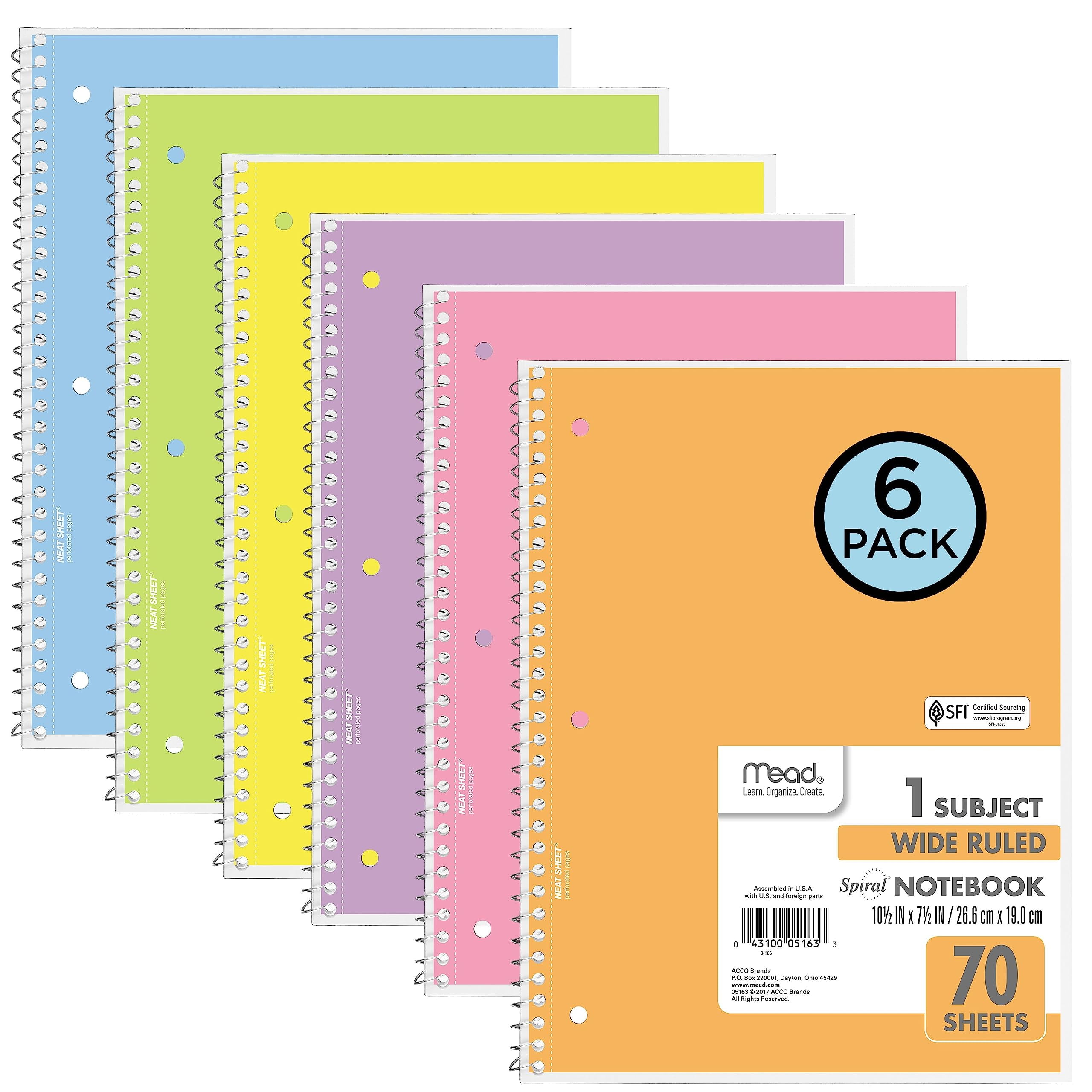 Mead Spiral Notebooks, 6 Pack, 1-Subject, Wide Ruled Paper, 8" x 10-1/2 ...