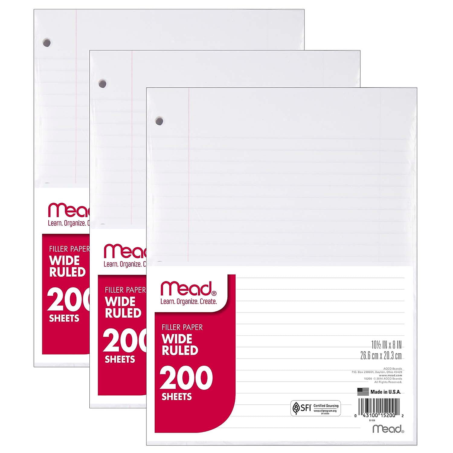 Mead Wide Rule Filler Paper, 10.5" x 8", White, 200 Sheets, Count 3 ...