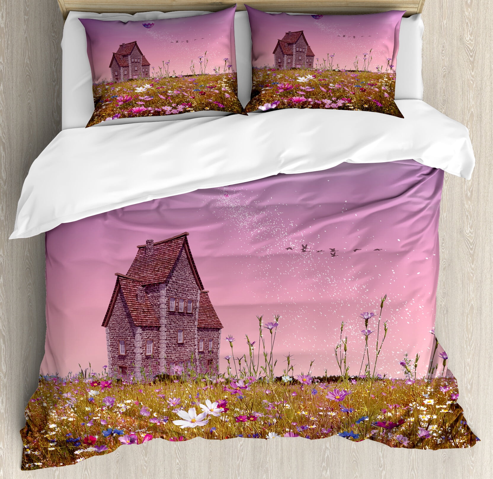 Meadow Duvet Cover Set, Dreamy Spring Field with Colorful Flowers with ...