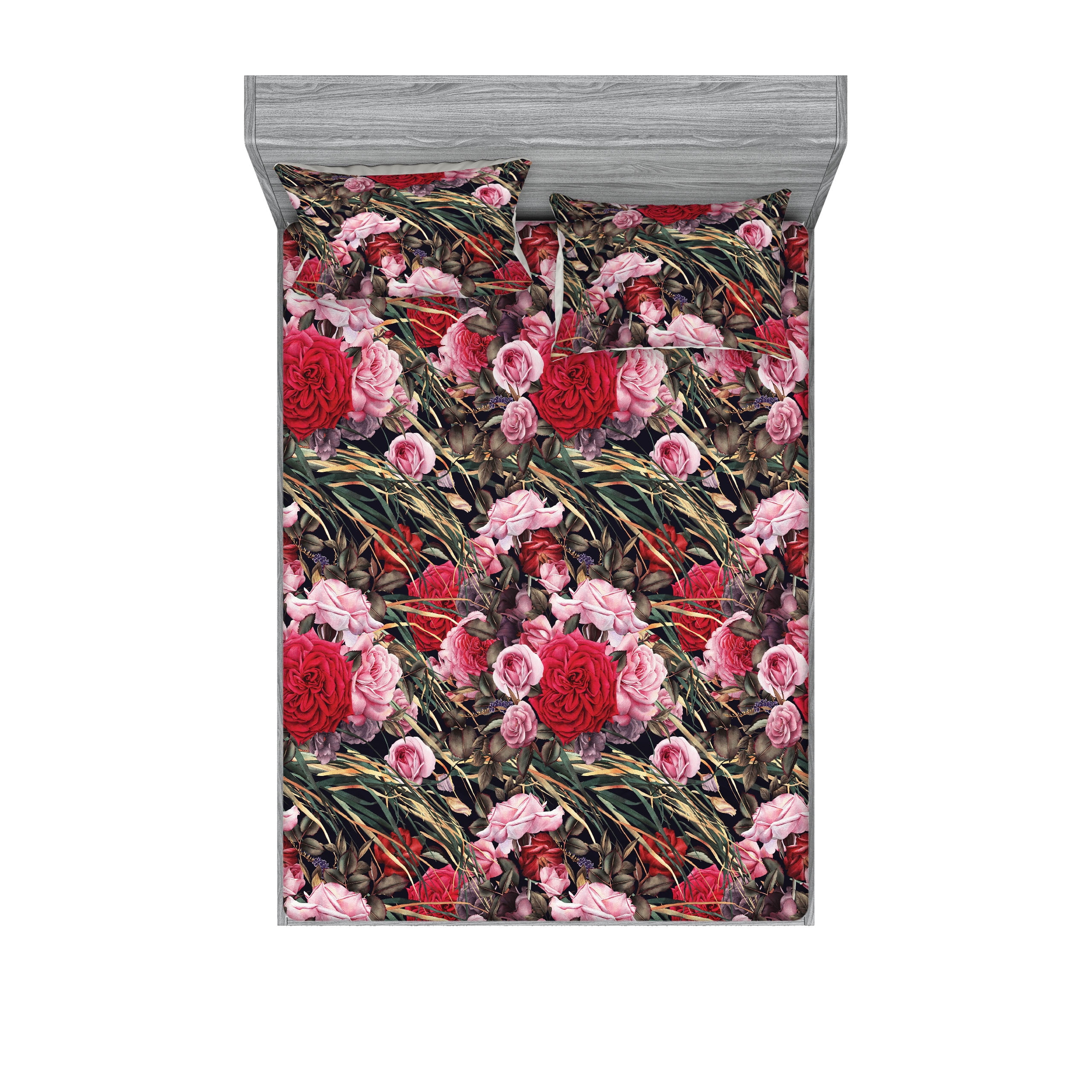 Meadow Fitted Sheet & Pillow Sham Set, Leaves Greenery and Flowers ...