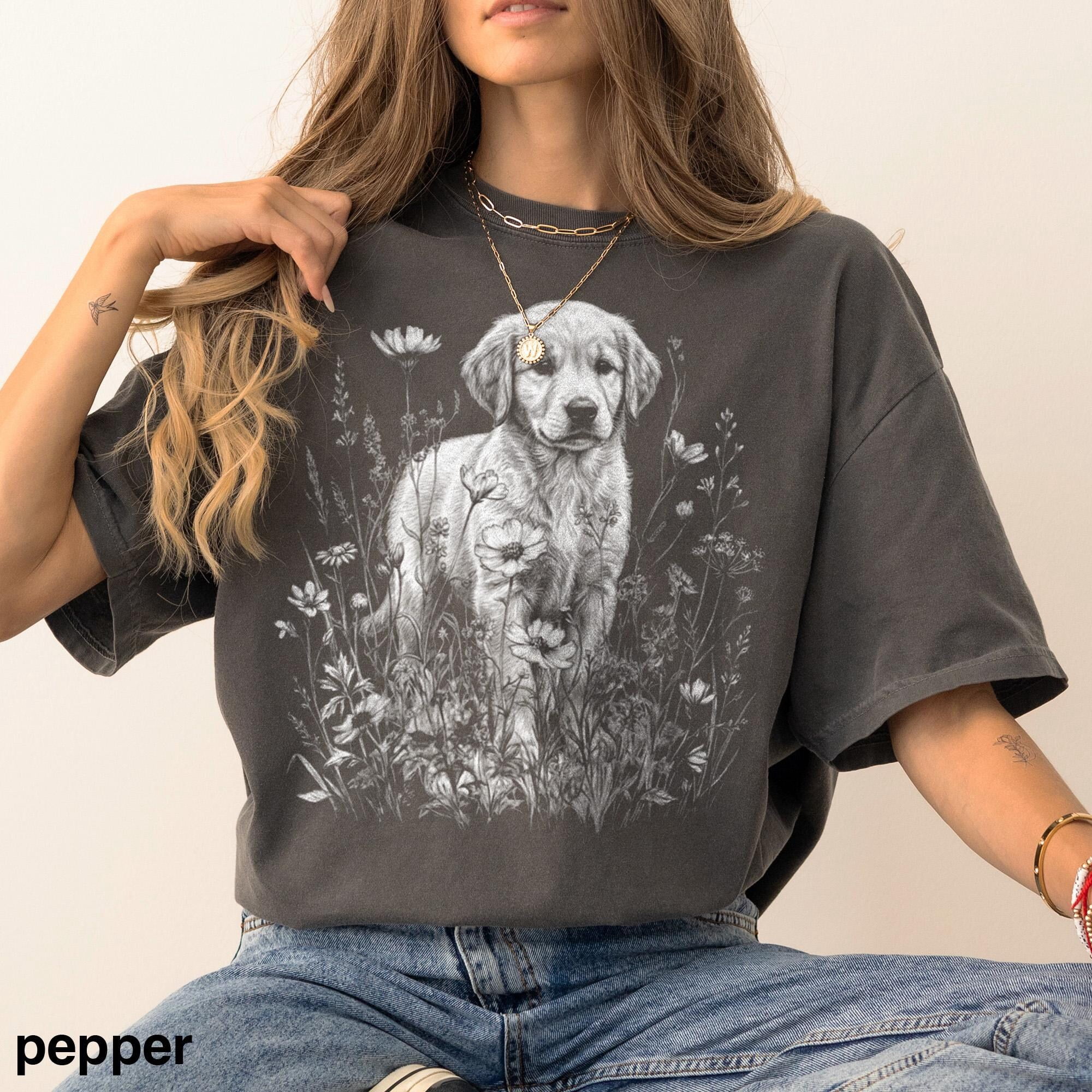 Meadow Puppy Tee Wildflower Field Portrait Engraving Illustration ...