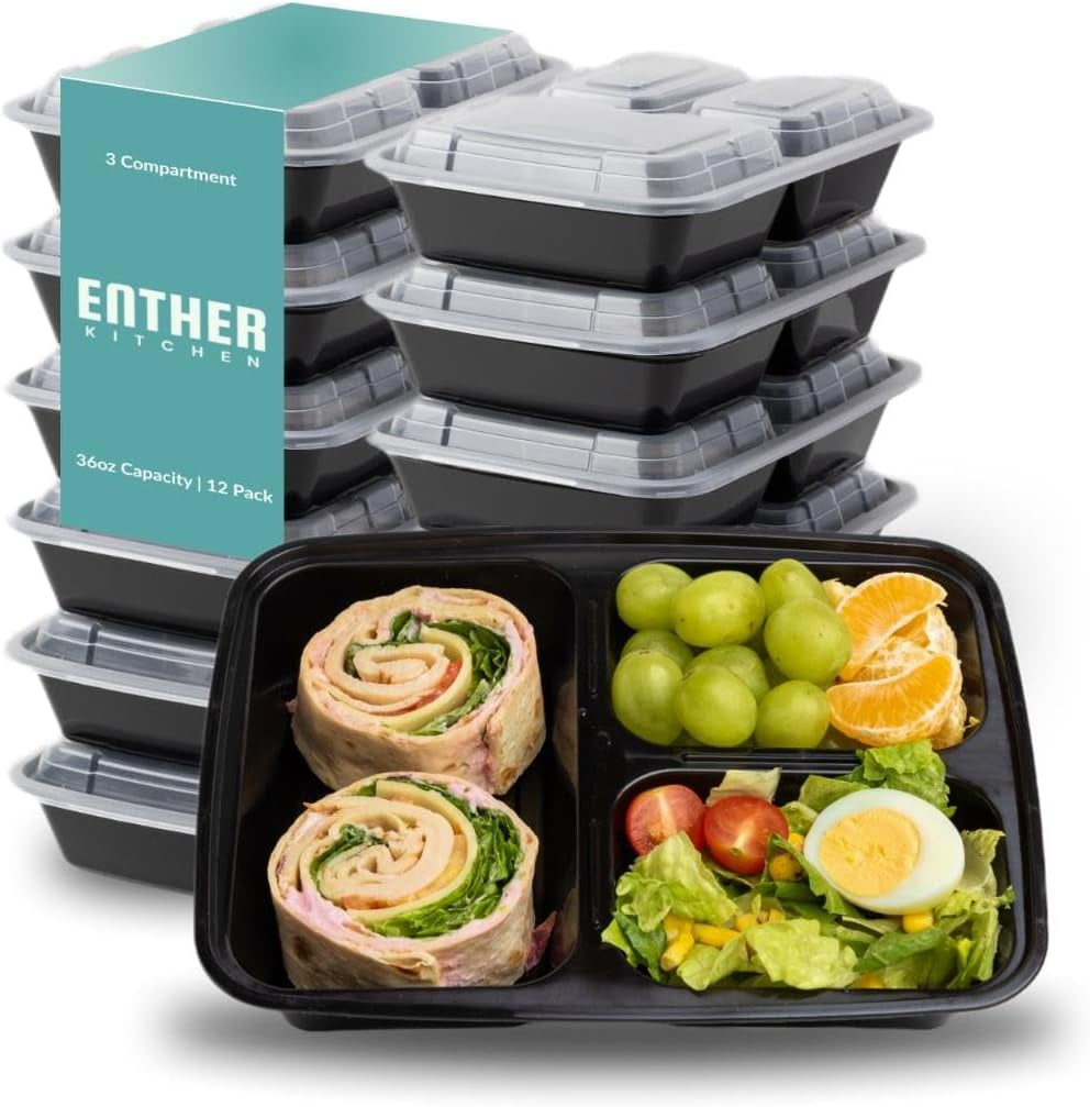 Meal Prep Containers [12 Pack] 3 Compartment with Lids, Food Storage ...