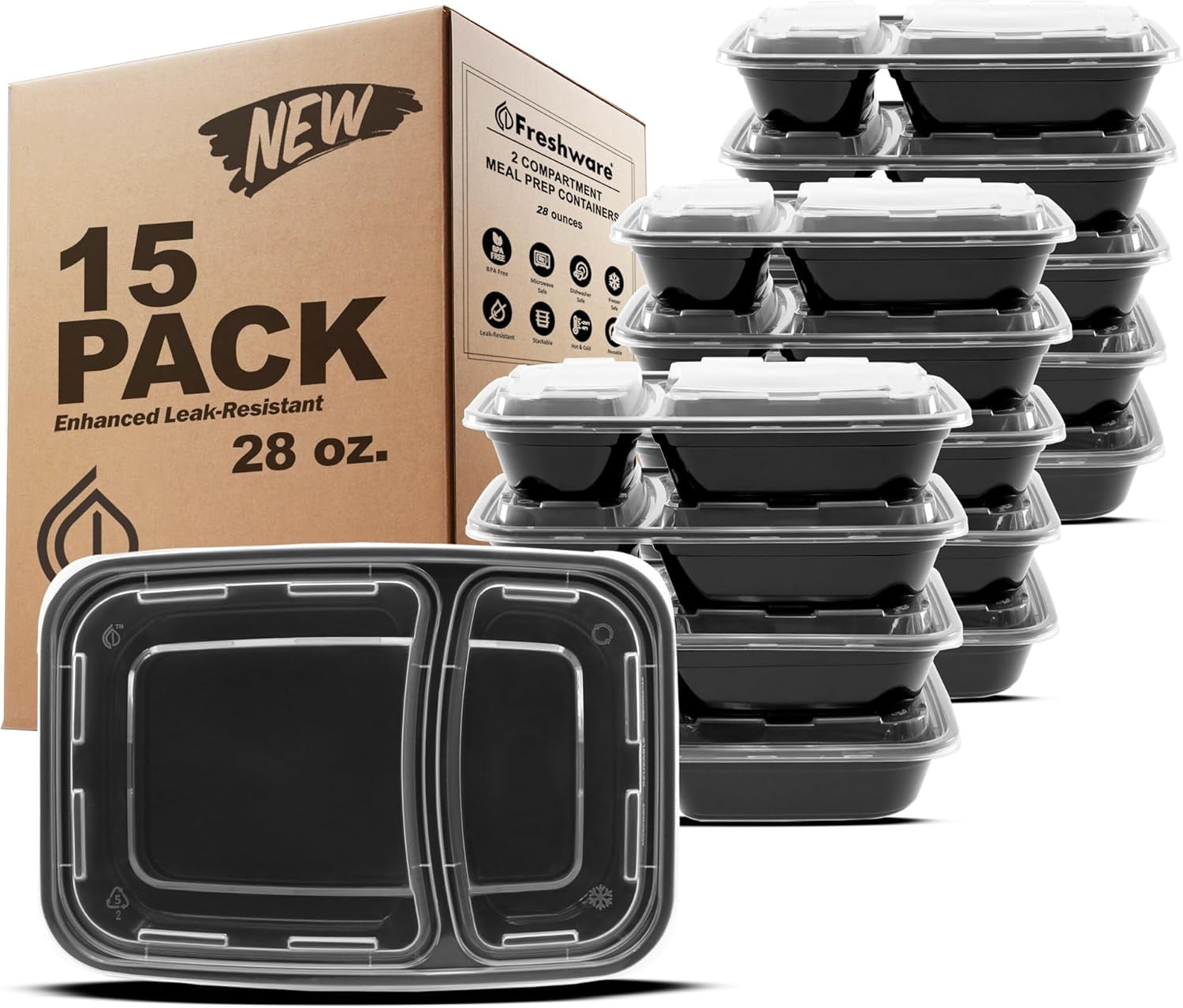 Meal Prep Containers [15 Pack] 2 Compartment with Lids, Food Storage ...