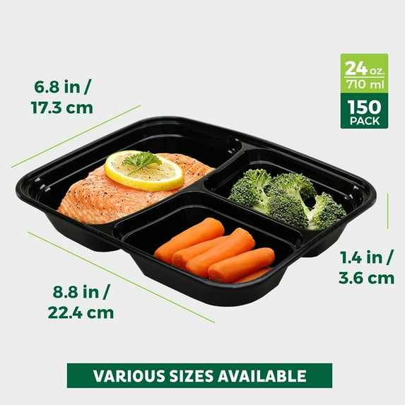 Meal Prep Containers [150 Pack] 3 Compartment with Lids, Food Storage ...