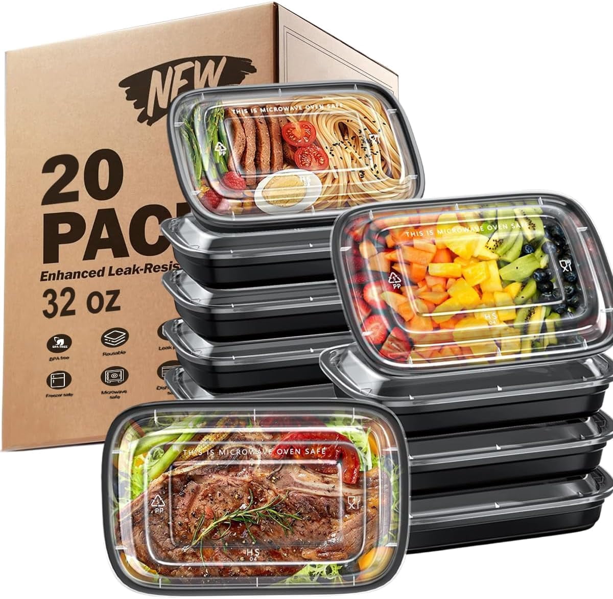 Meal Prep Containers [20 Pack] 1 Compartment 32OZ Food Storage ...