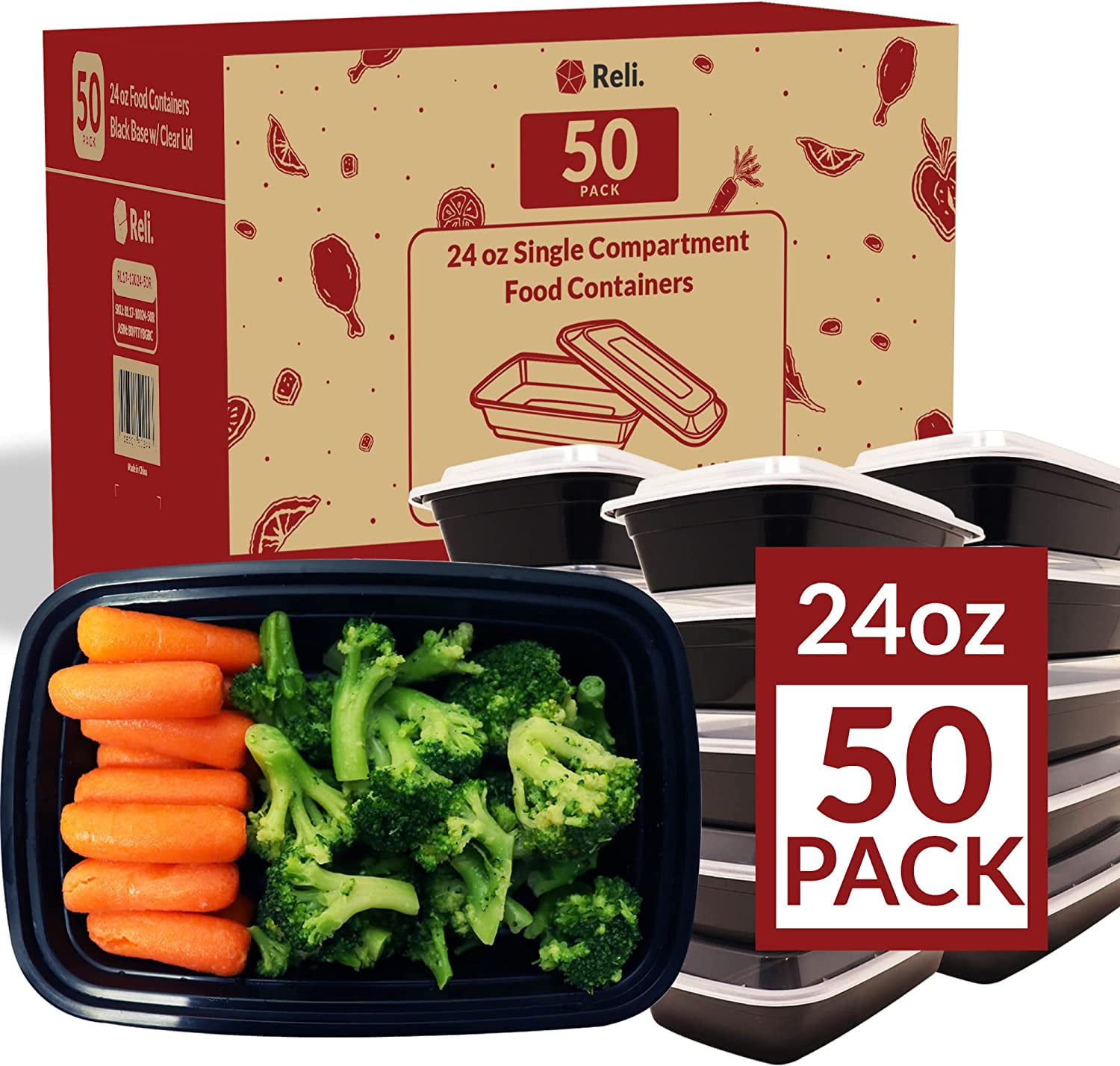 Meal Prep Containers 24 oz. | 50 Pack | 1 Compartment Food Container w ...