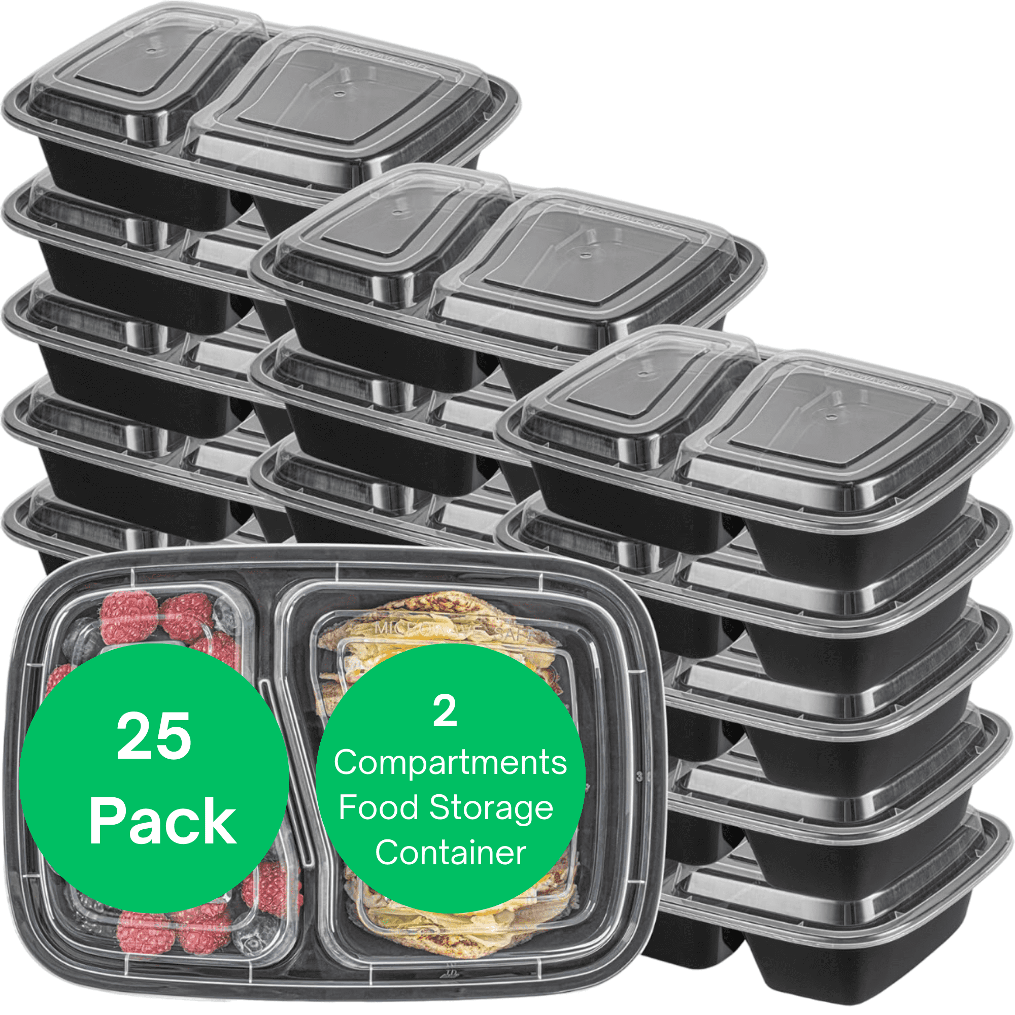 Meal Prep Containers (25 Sets) (28 oz) 2 Compartment with Lids, Food ...