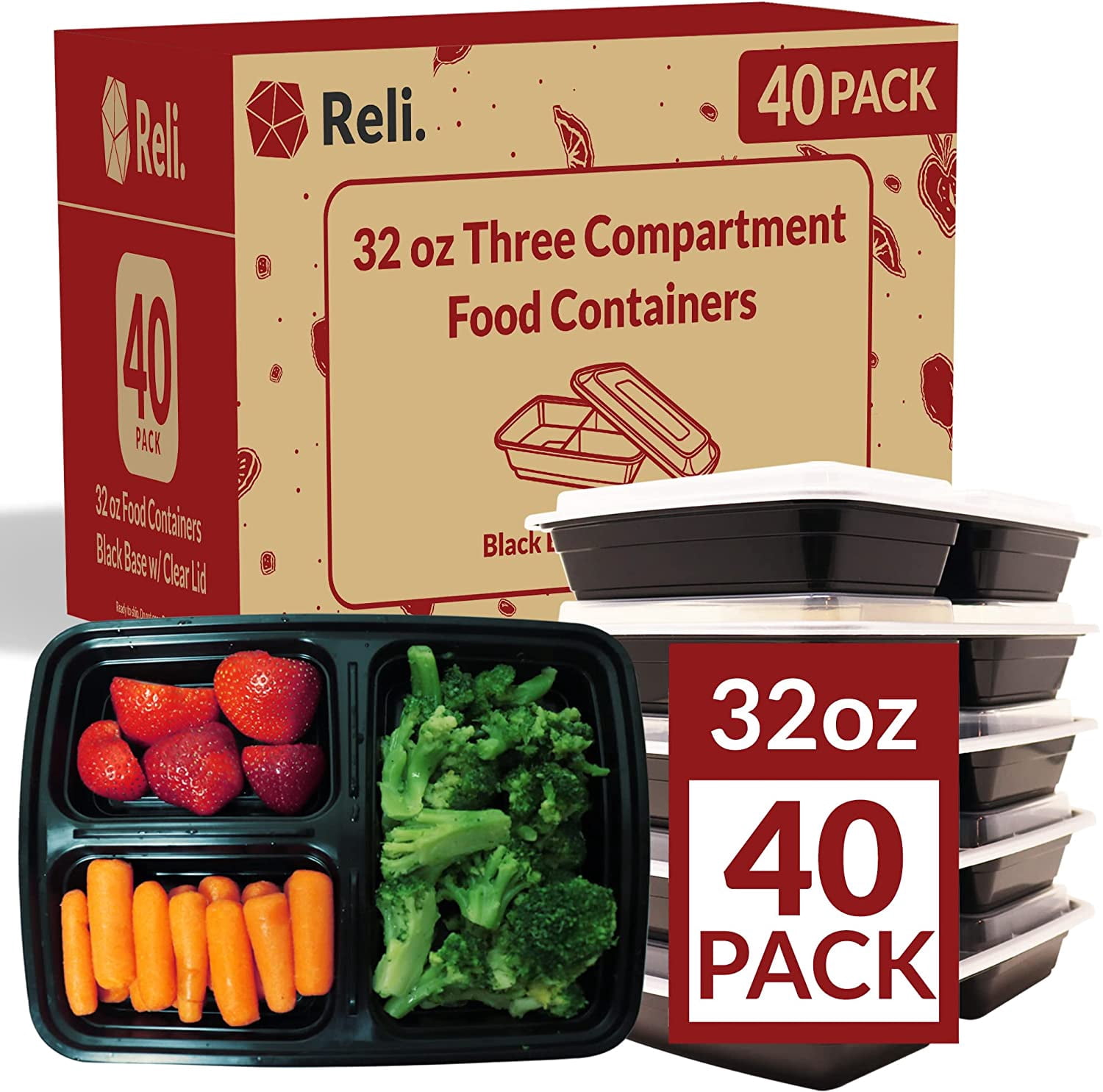 Meal Prep Containers, 32 oz. | 40 Pack | 3 Compartment Food Container w ...