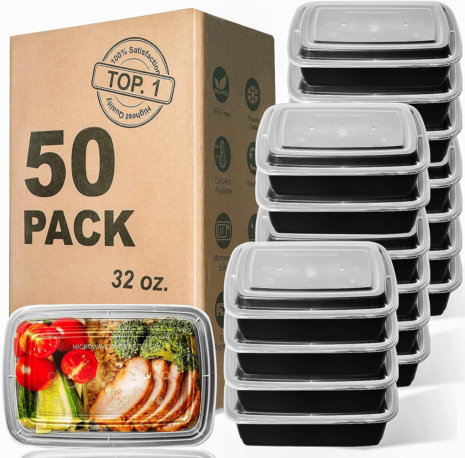 Meal Prep Containers, 32OZ 50 Pack Extra-thick Food Storage Containers ...