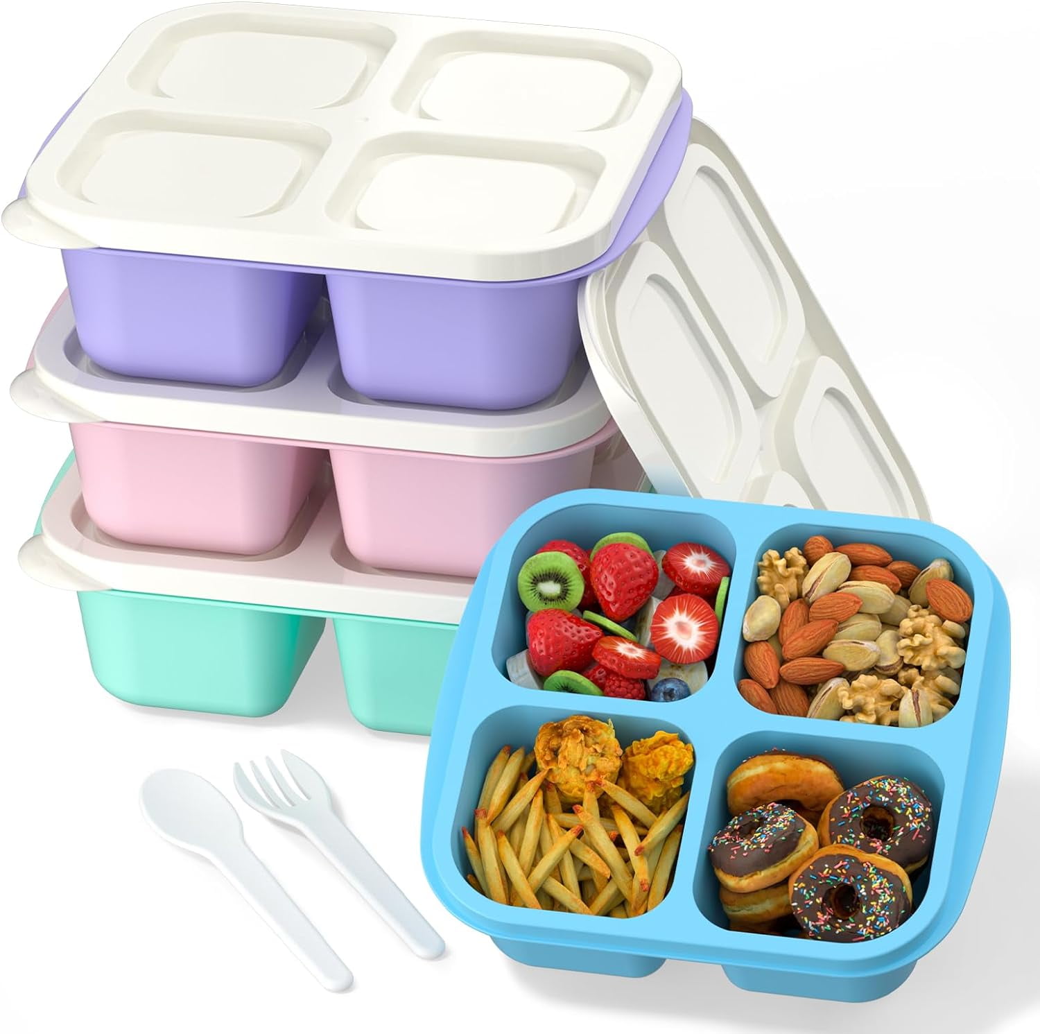 Meal Prep Containers (4 Pack), 4-Compartments Bento Lunch Box, Reusable ...