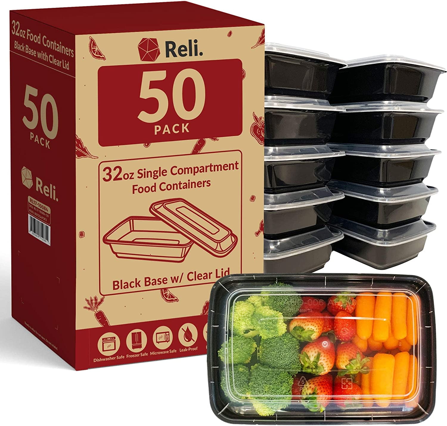 Meal Prep Containers (50 Pack, 32 oz.) | 1 Compartment Food Containers ...