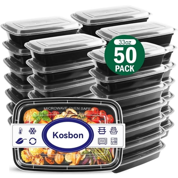 Kosbon Meal Prep Containers, 50-Pack Disposable Plastic Bento Boxes ...