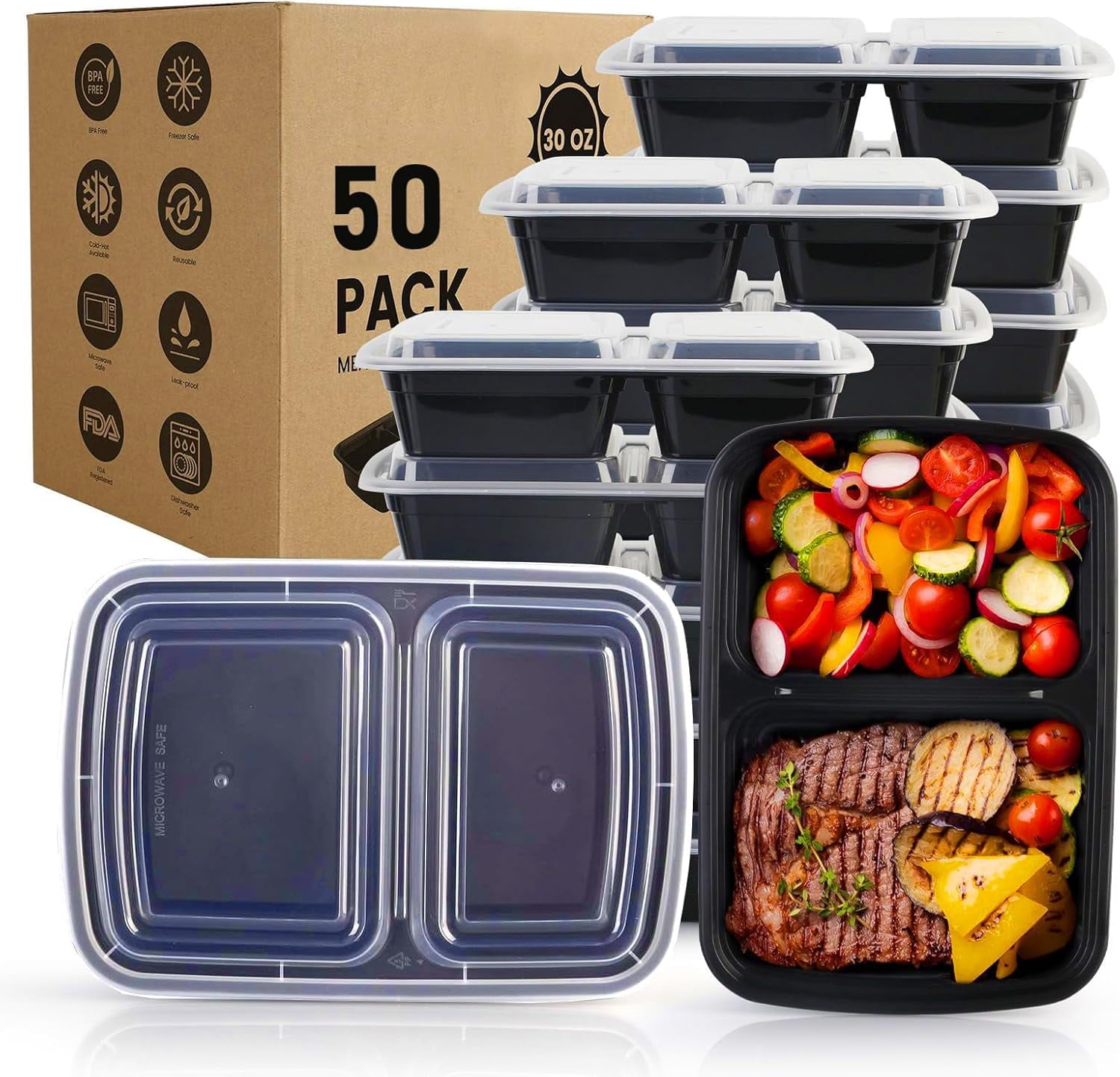 Meal Prep Containers Reusable 50 Pack - 2 Compartment Plastic ...