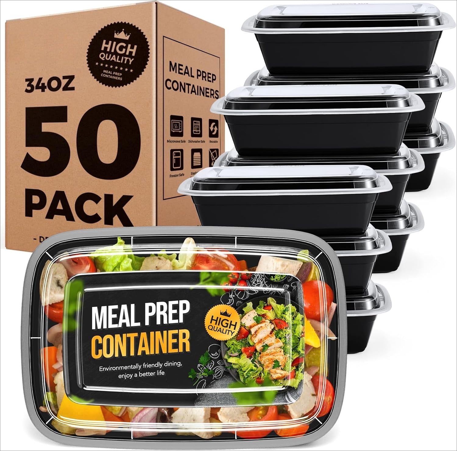 Meal Prep Containers Reusable, 50Pack 32oz Plastic Food Prep Storage ...