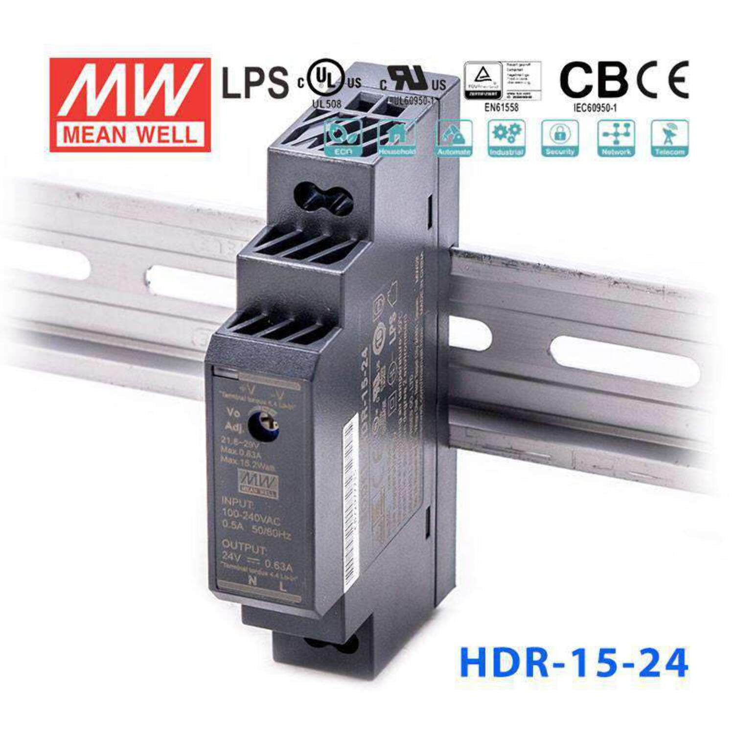 Mean Well HDR-15-24 Ultra Slim Step Shape Power Supply 15W 24V - DIN ...