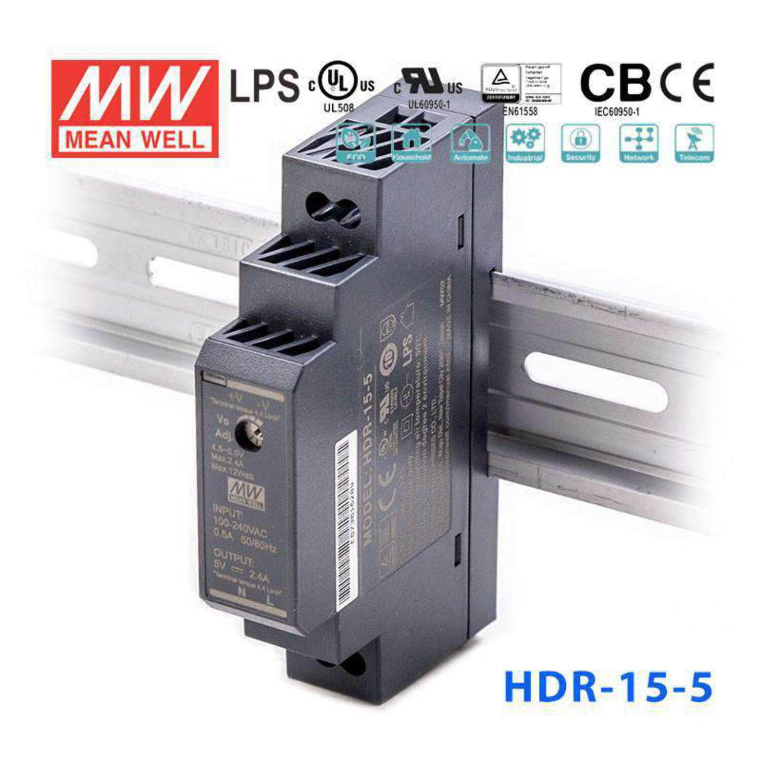 Mean Well HDR-15-5 Ultra Slim Step Shape Power Supply 15W 5V - DIN Rail ...