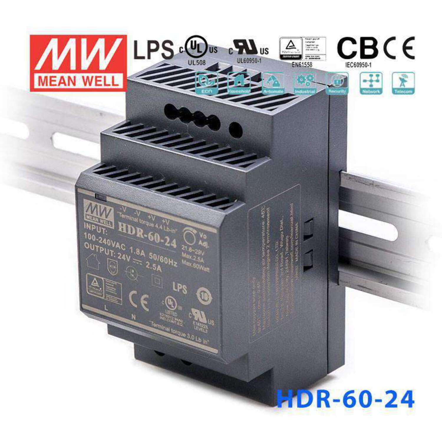 Mean Well HDR-60-24 Ultra Slim Step Shape Power Supply 60W 24V - DIN ...