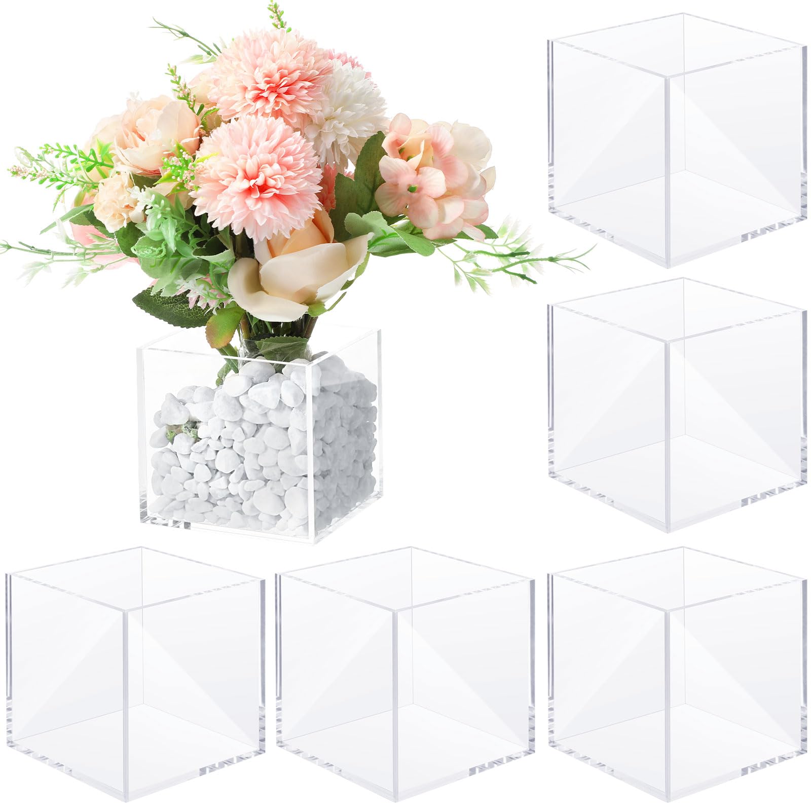 Meanplan 6 Pack Square Flower Vase, Acrylic Clear Cube Shape Flower ...