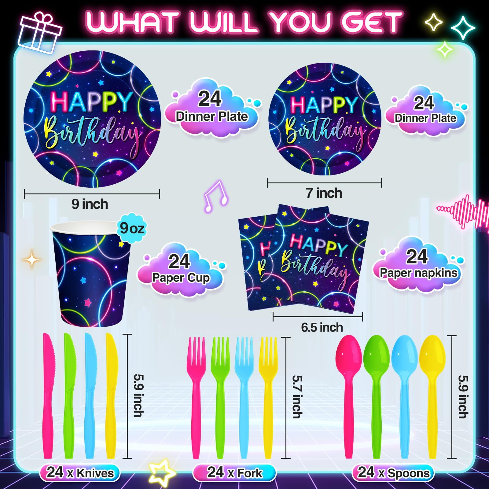 Meanplan Serves 24 AJH3 Guests Neon Happy Birthday Party Plates and ...