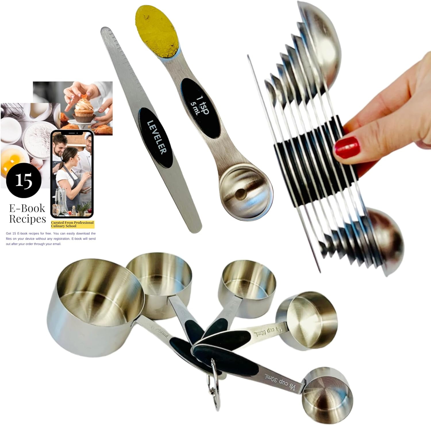 Measuring Cup and Measuring Spoon Set, 5 Stainless Steel Measuring Cups ...