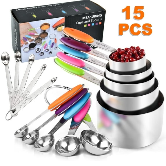 Aovky Measuring Cups and Spoons Set, 15-Piece Stainless Steel, Silicone ...