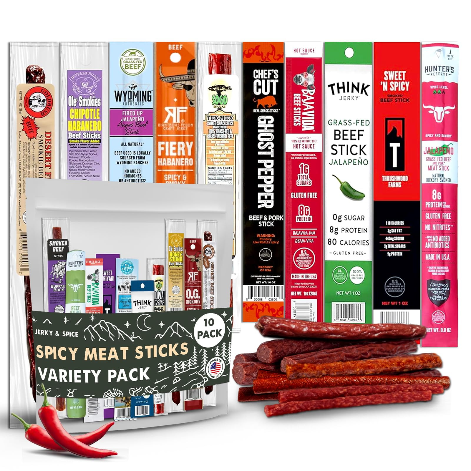 Meat Sticks Variety MZF22 Pack (10 Count), Beef Jerky Gifts for Men ...