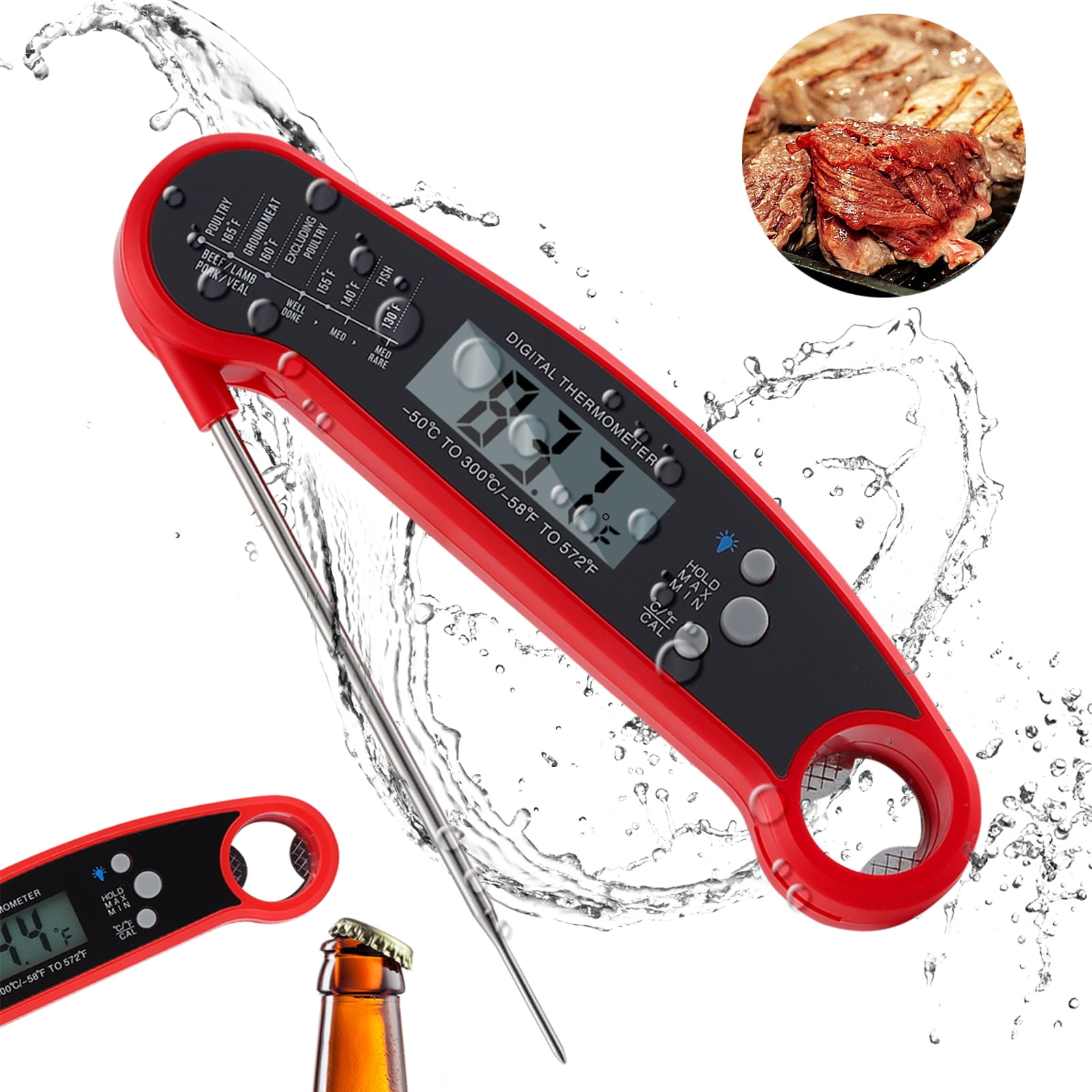 Meat Thermometer Stainless Steel Digital Folding Probe with Blue ...
