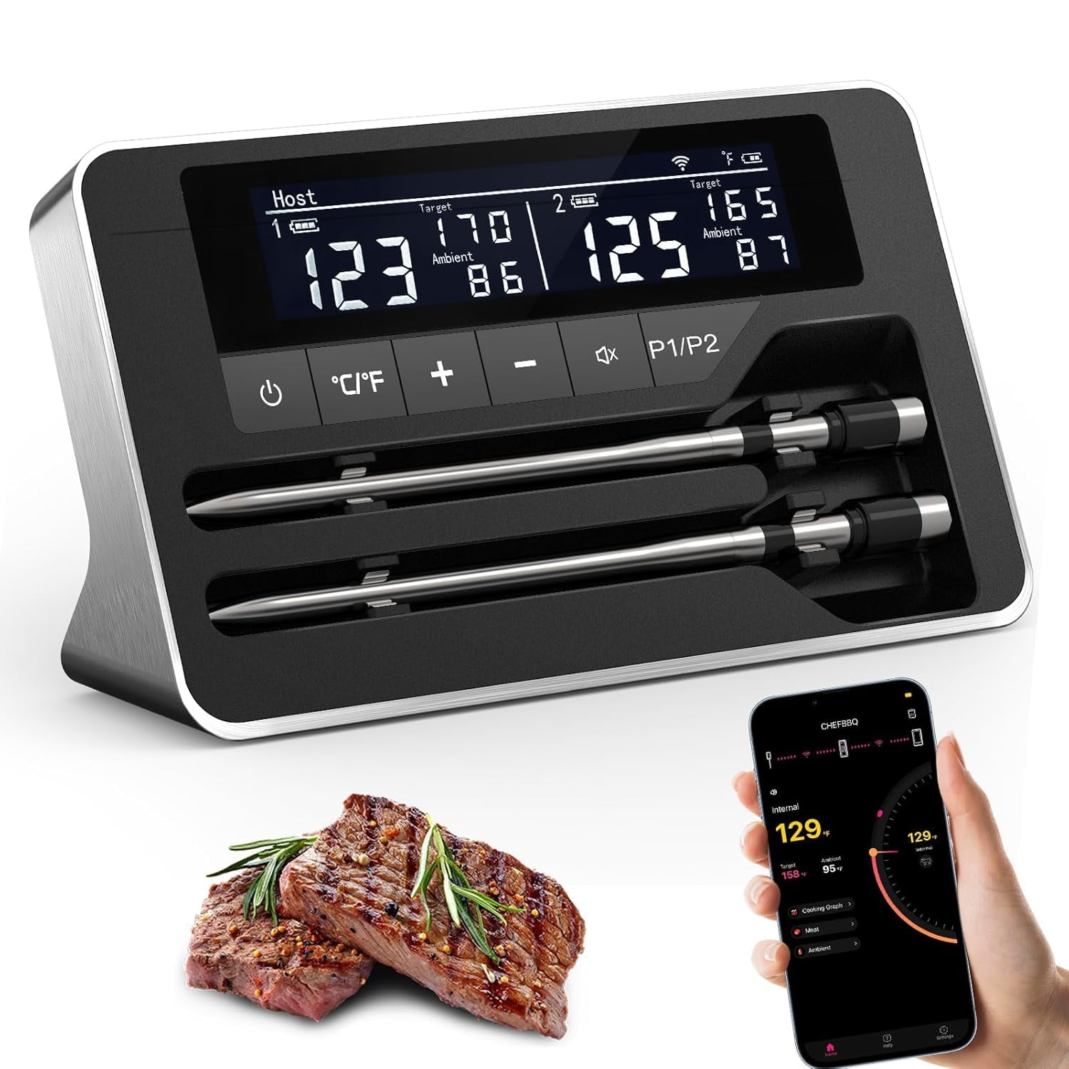 Meat Thermometer Wireless with 2 Probes, 800FT Bluetooth Digital ...