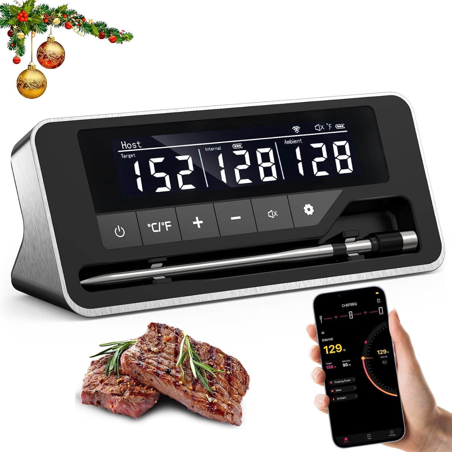 Meat Thermometer Wireless, 800FT WiFi Bluetooth Digital Thermometer ...