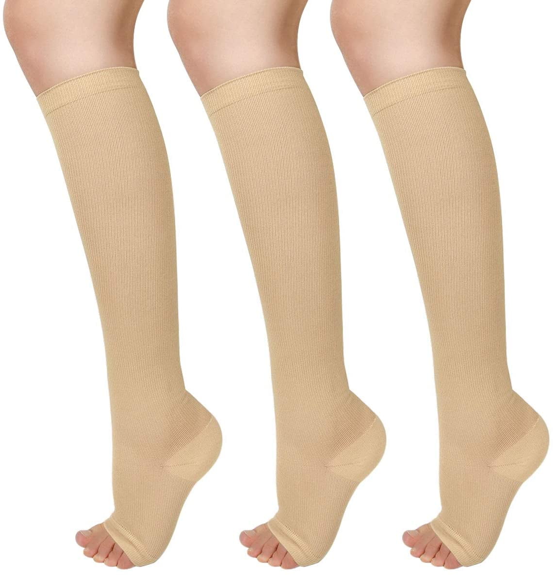 MecTo 3 Pairs 15-20mmhg Beige Knee High Compression Socks XXL Open Toe ...