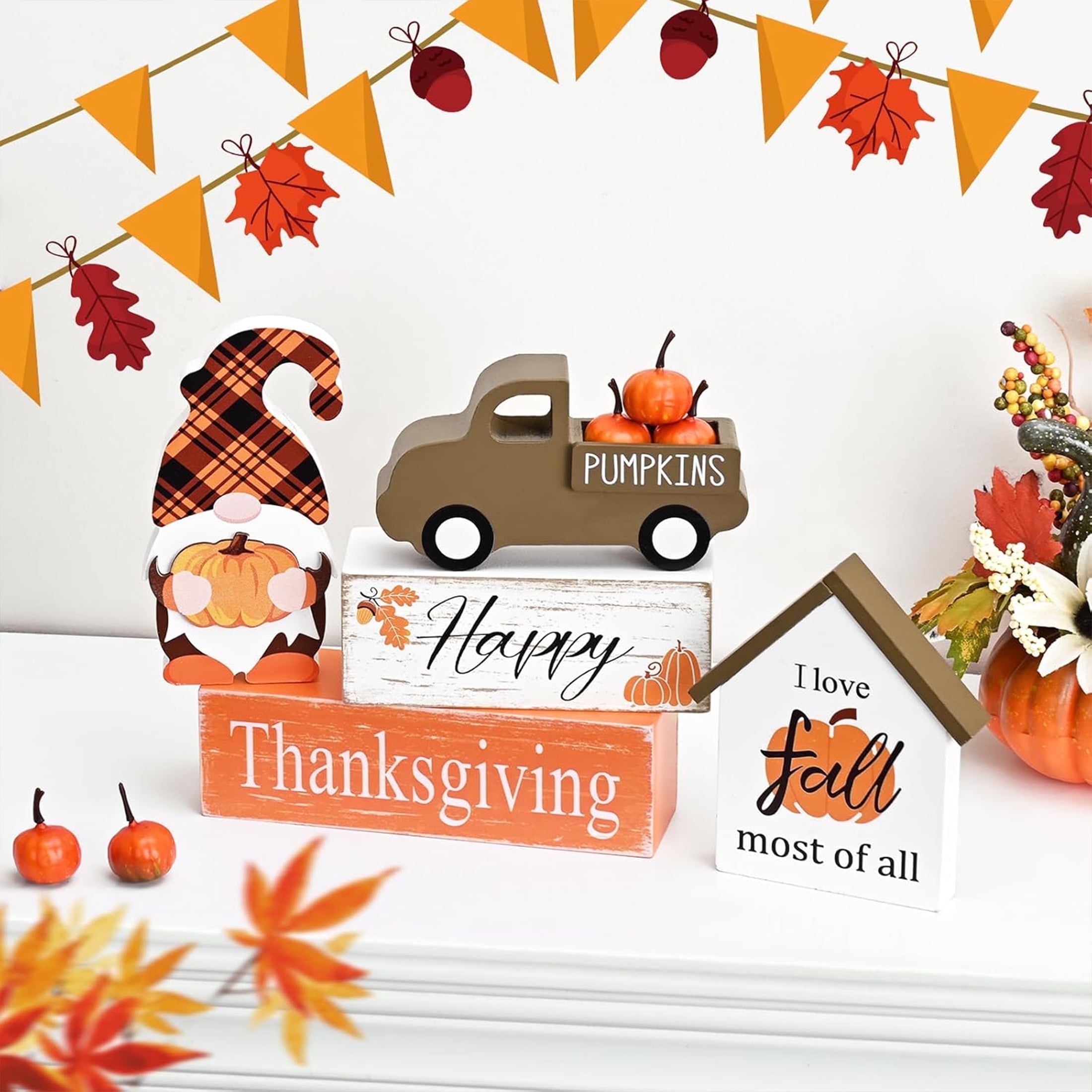 MecTo Thanksgiving Fall Truck Pumpkin Gnome Block Mantle Wooden ...