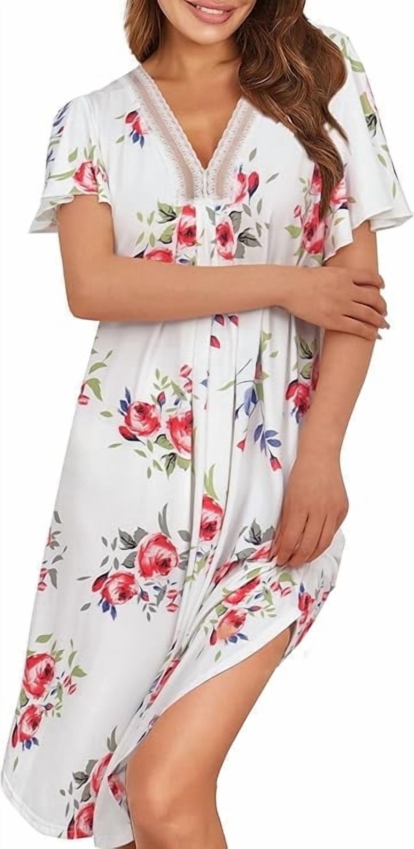 MecTo Short Sleeve Nightgown Sleepshirt V-Neck Nightshirts for Women ...