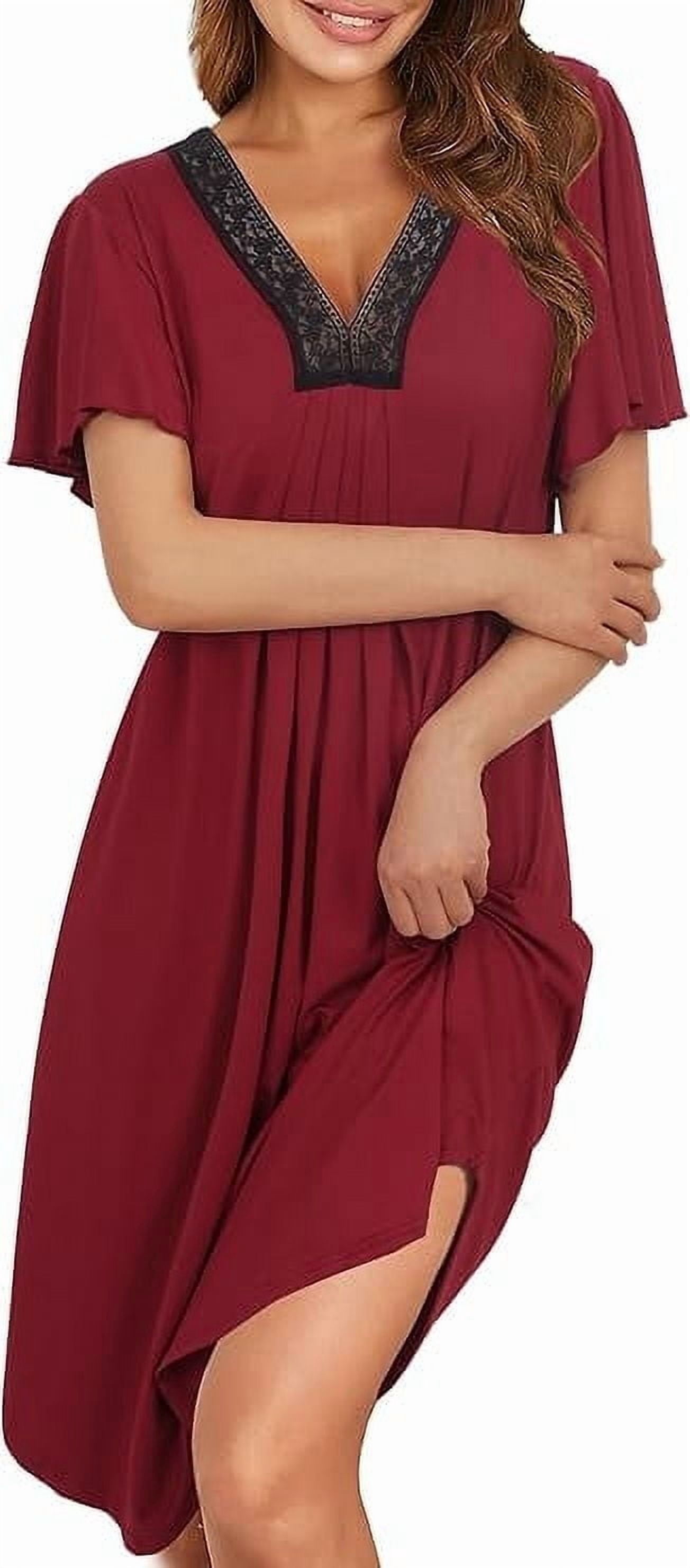 MecTo Short Sleeve Nightgown Sleepshirt V-Neck Nightshirts for Women ...