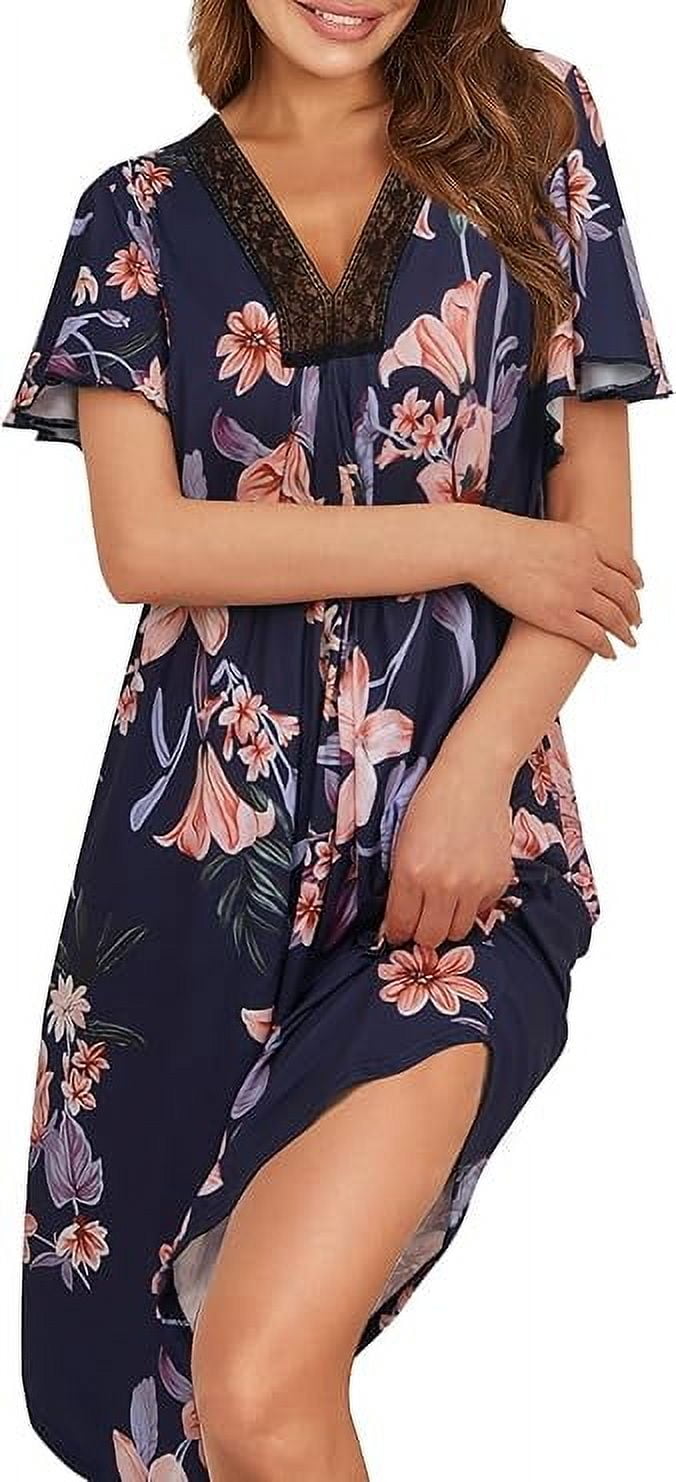 MecTo Short Sleeve Nightgown Summer Sleepshirt V-Neck Nightshirts for ...