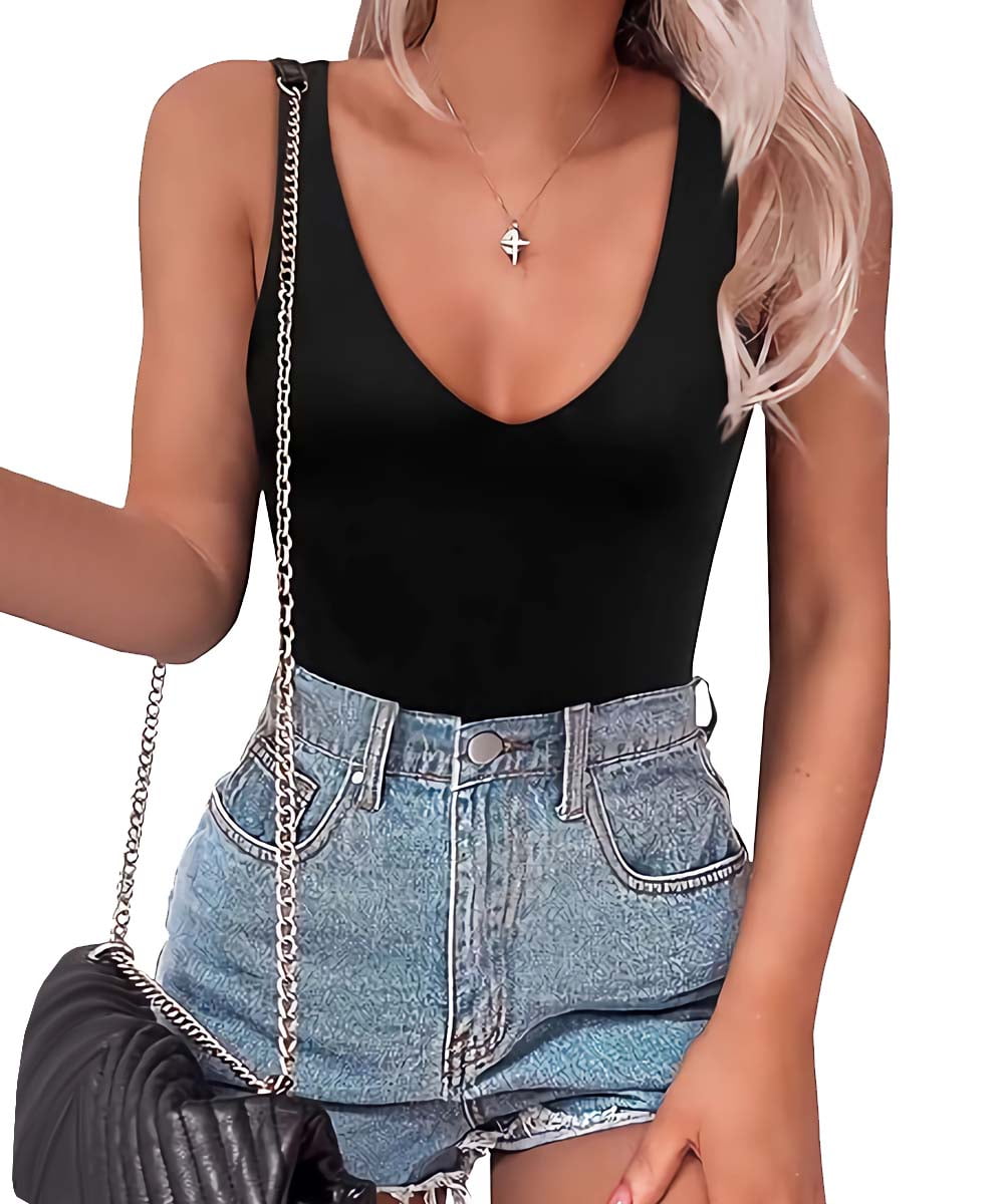 MecTo Women’s Black Sleeveless Bodysuit Sexy Plunge Deep V Neck ...