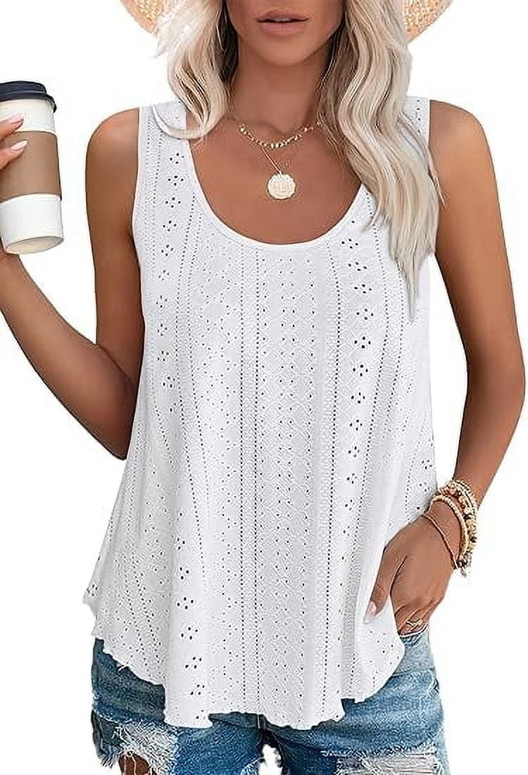 MecTo Womens Tank Tops Sleeveless Eyelet Embroidery Scoop Neck Loose Fit Casual Summer Flowy ...