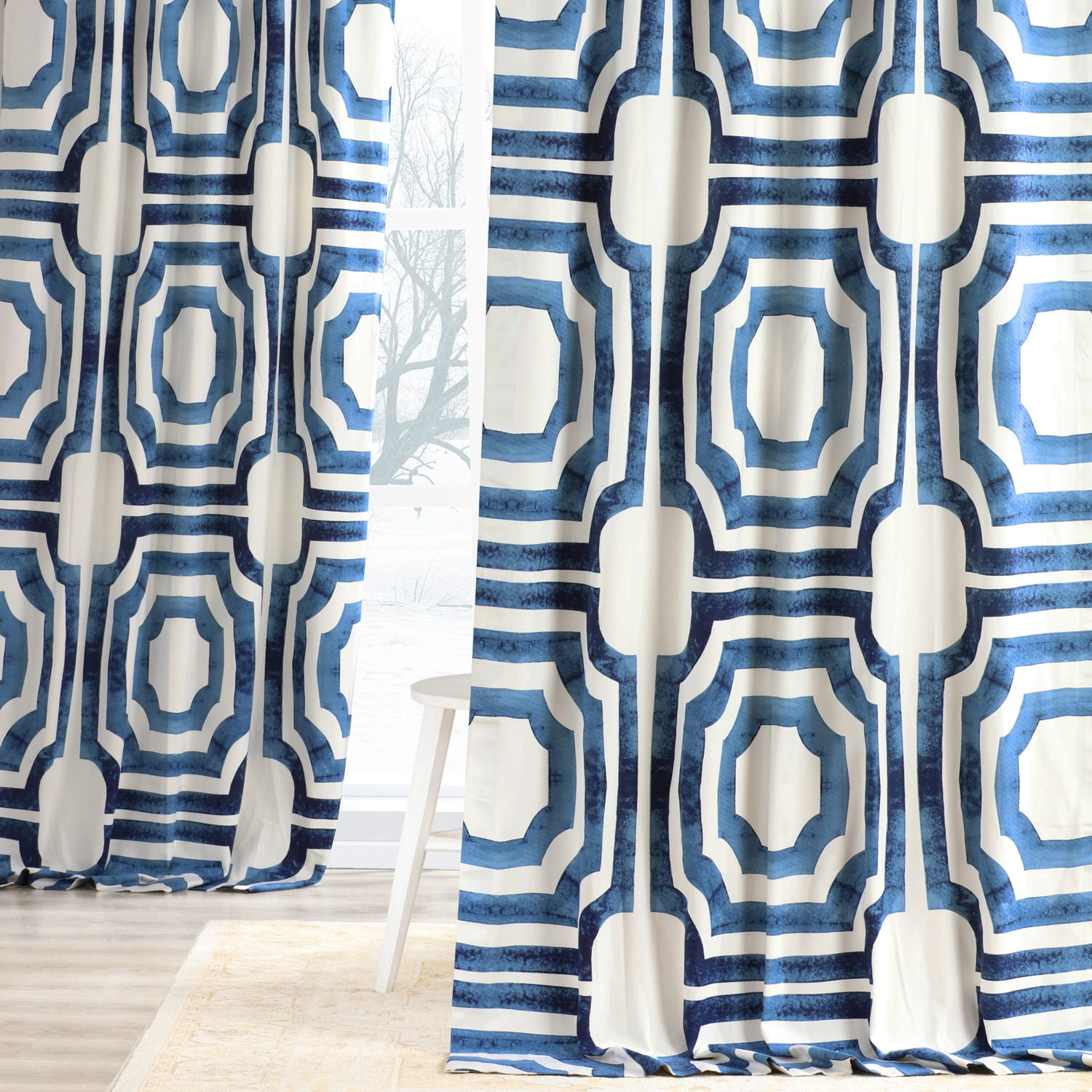 Mecca Blue Printed Cotton Curtain Panel for Living Room, Bedroom Window ...