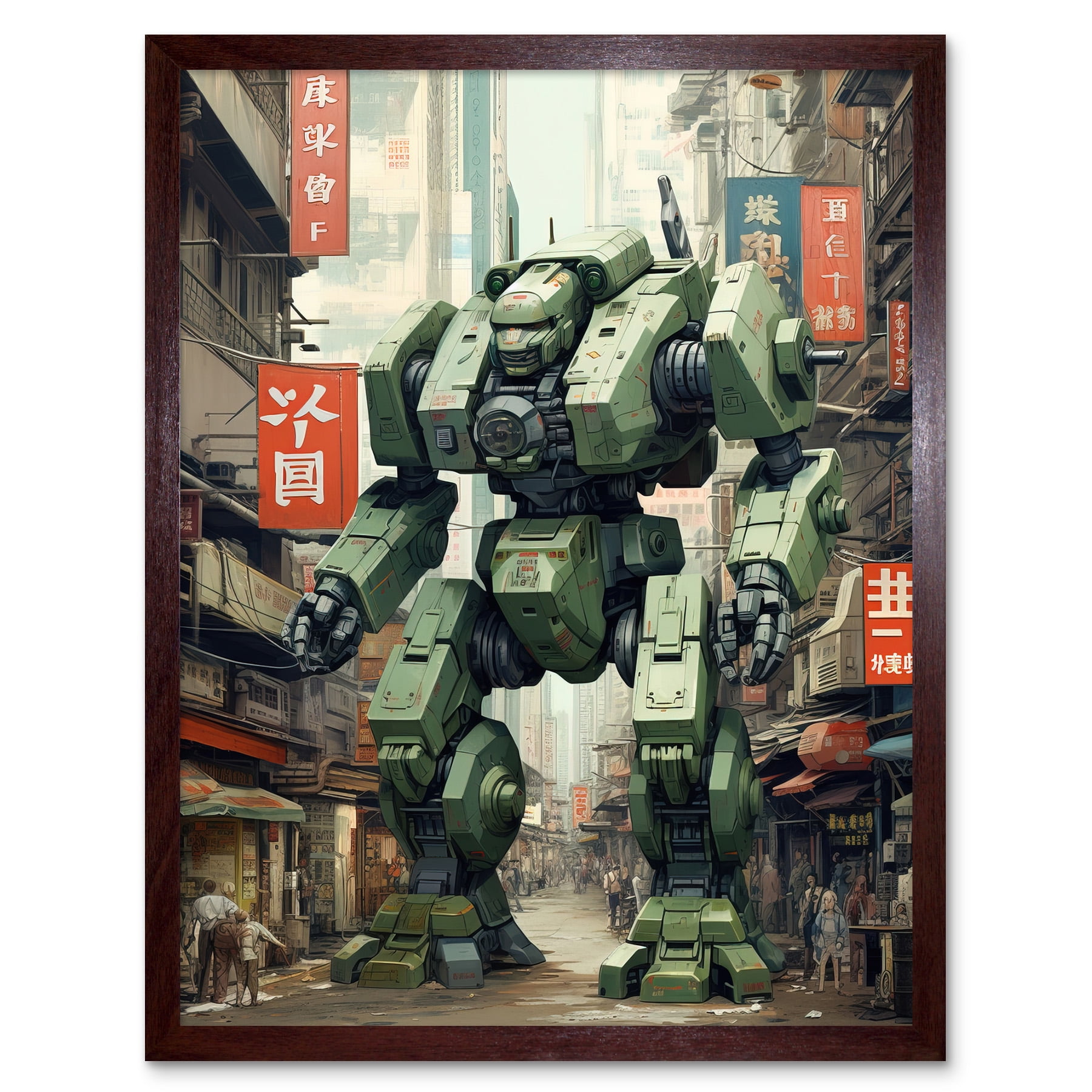 Mecha Robot in City Street Anime Sci-Fi Artwork Red Green Giant ...