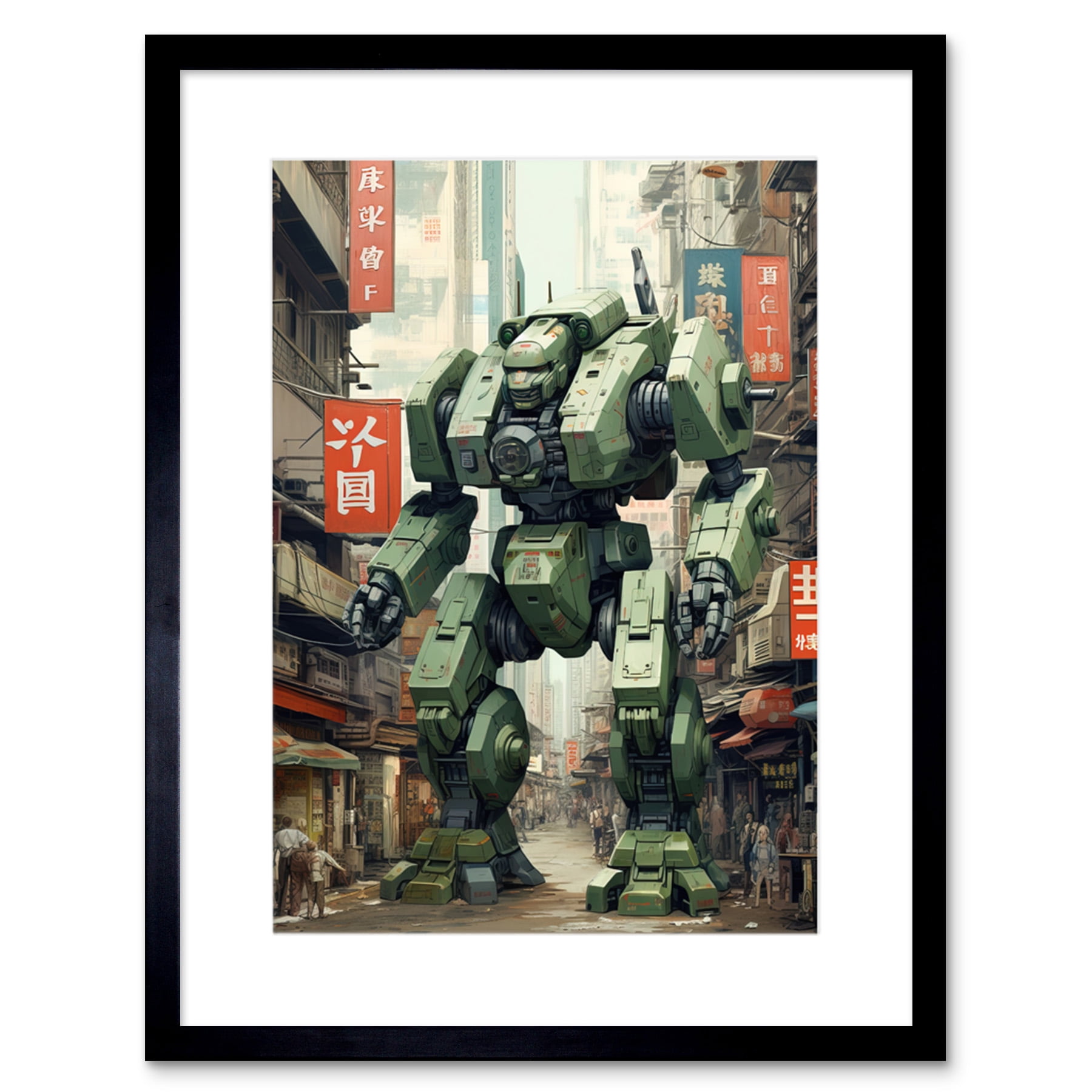 Mecha Robot in City Street Anime Sci-Fi Artwork Red Green Giant ...