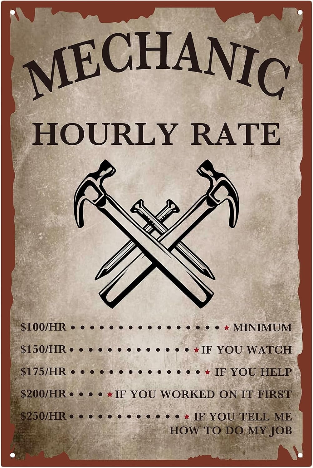 Mechanic Hourly Rate Metal Tin Sign Mechanic Shop Decor Car Garage Shop ...